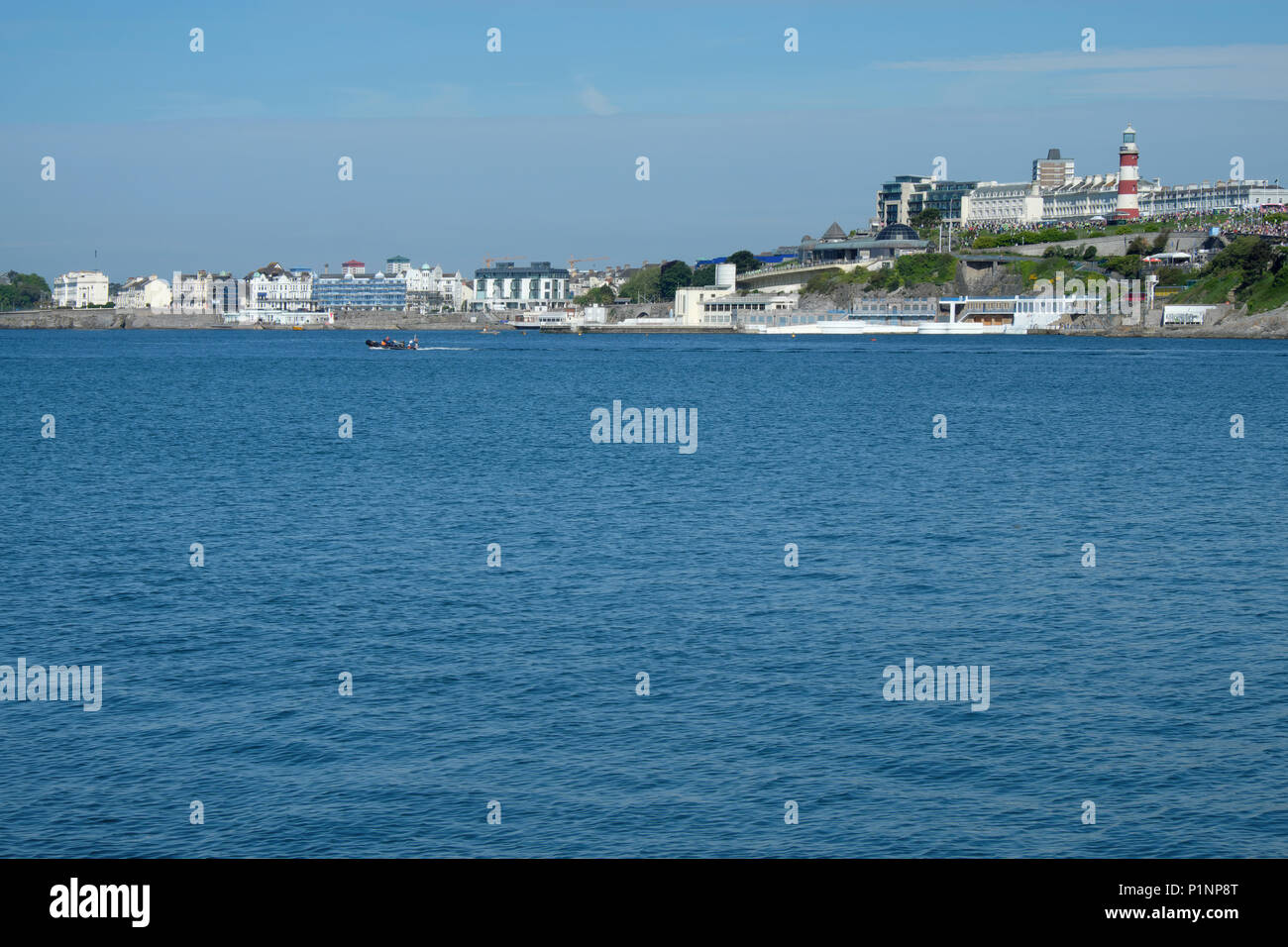plymouth Hoe viewed from the pier at Mountbatten in Devon Stock Photo ...