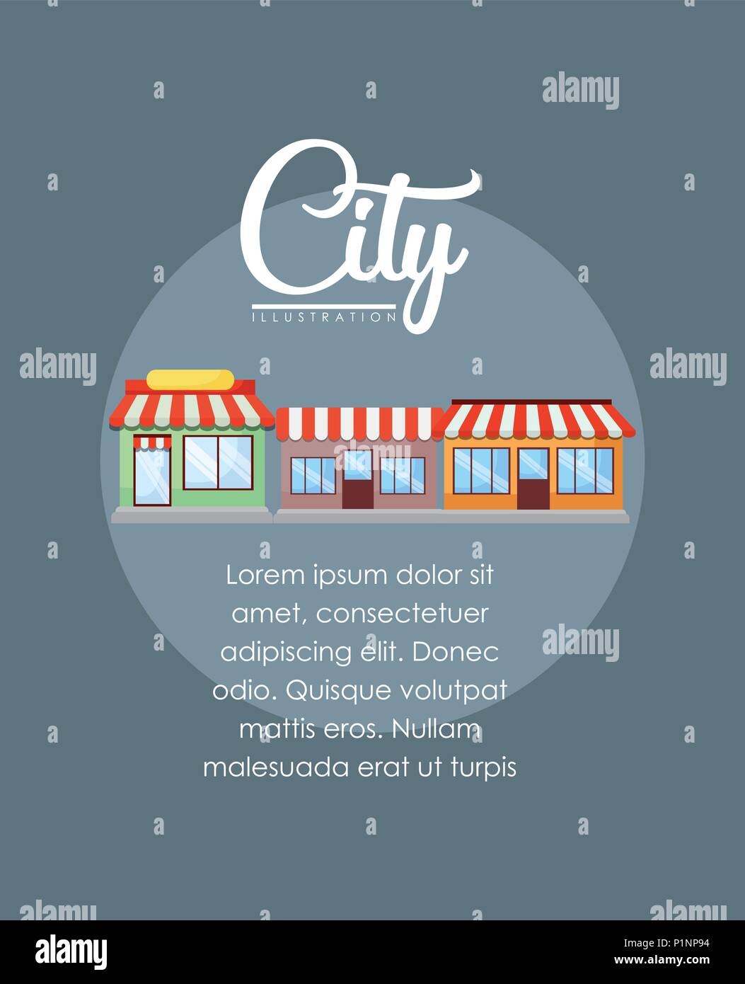 Infographic design of city elements with stores over gray background ...