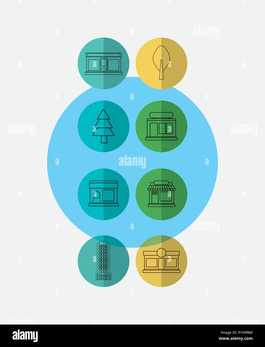 icon set of city elements over colorful circles and white background ...