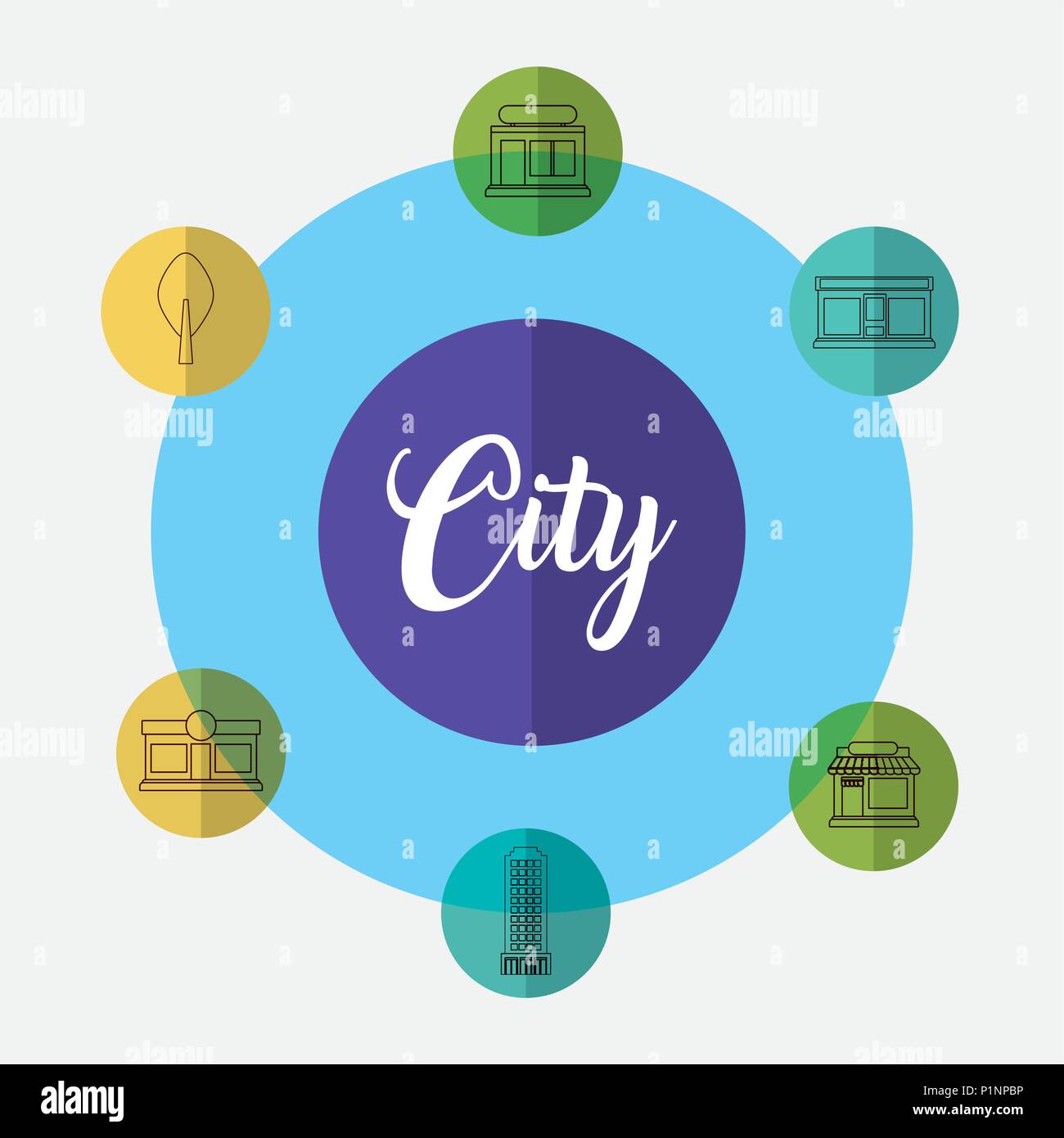 icon set of city elements over colorful circles and white background ...