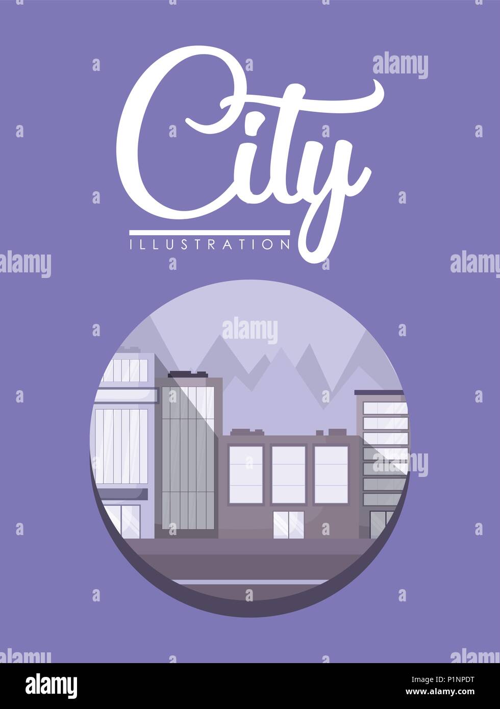 city design with city buildings in a circular frame over purple ...