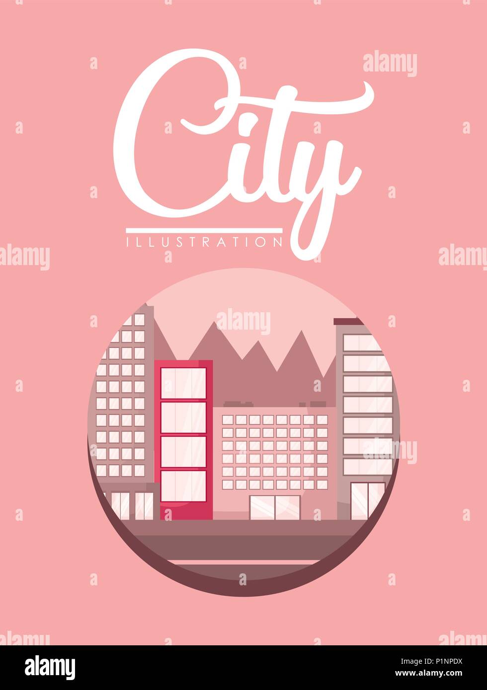 city design with city buildings in a circular frame over pink ...