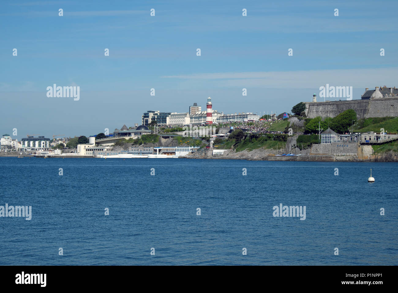 plymouth Hoe viewed from the pier at Mountbatten in Devon Stock Photo ...