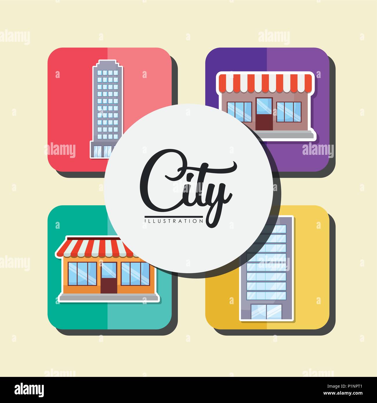 icon set of city elements over colorful squares and yellow background ...