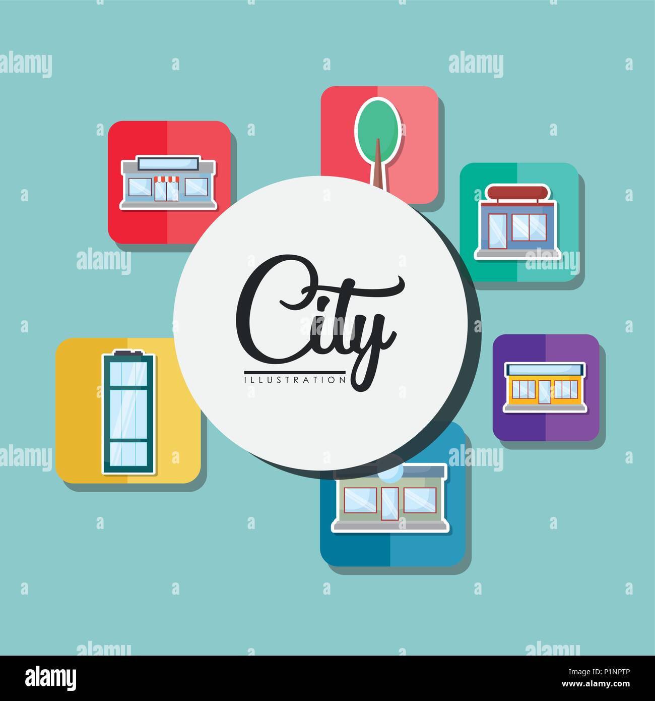 icon set of city elements over colorful squares and blue background ...