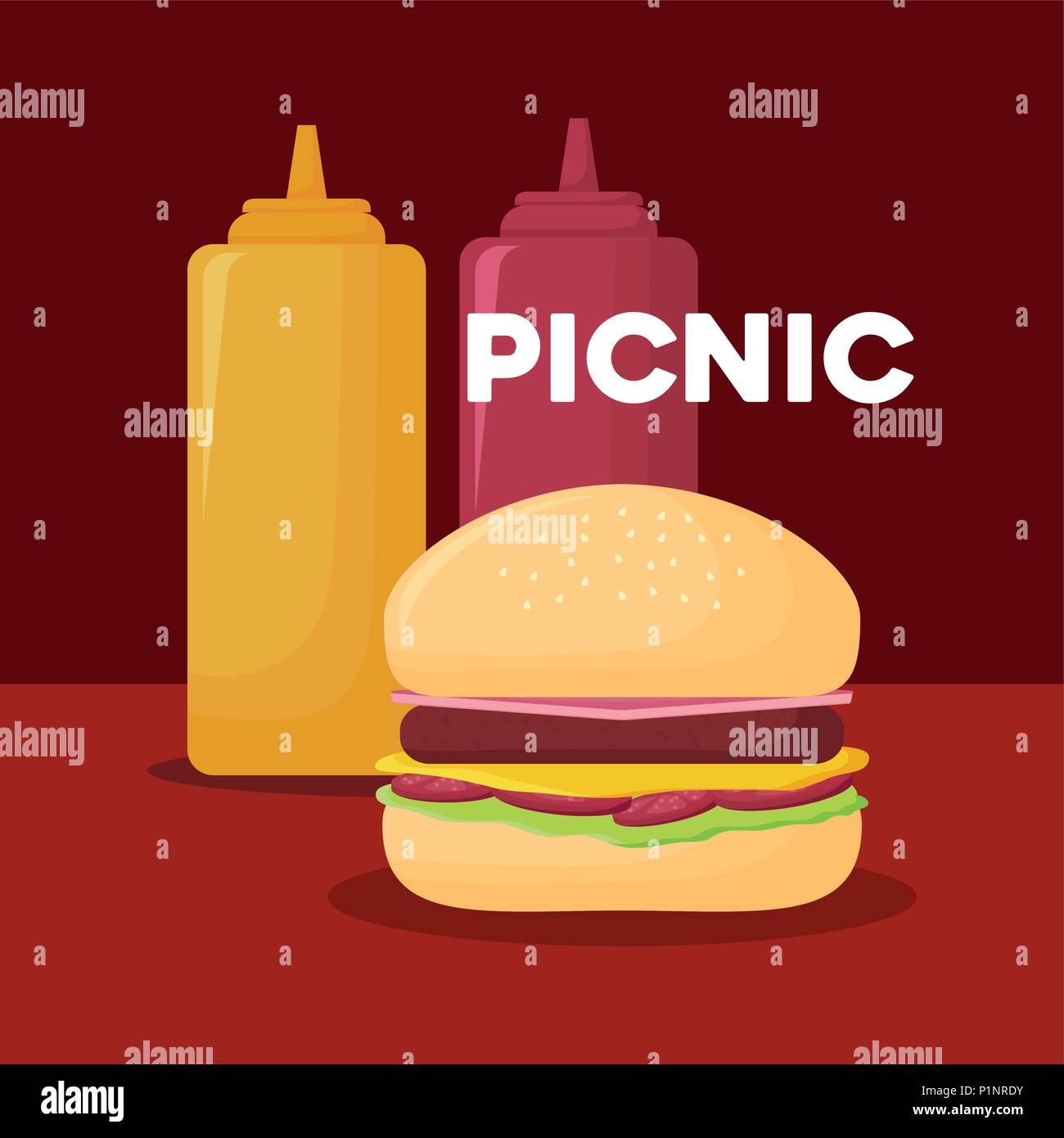 picnic food design with hamburger and sauce bottles over red background ...