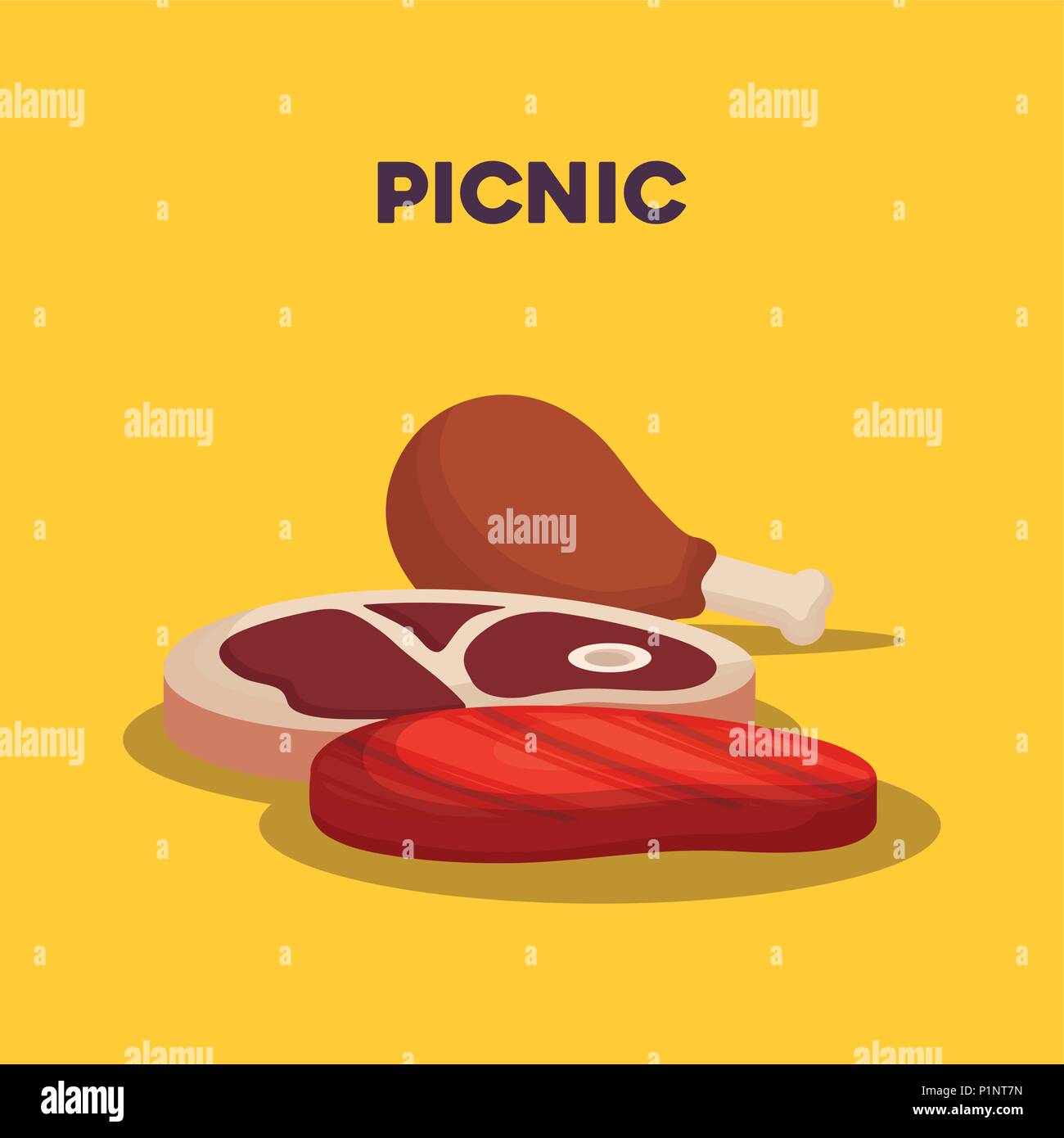 picnic food design with meat steaks and chicken thight over yellow ...