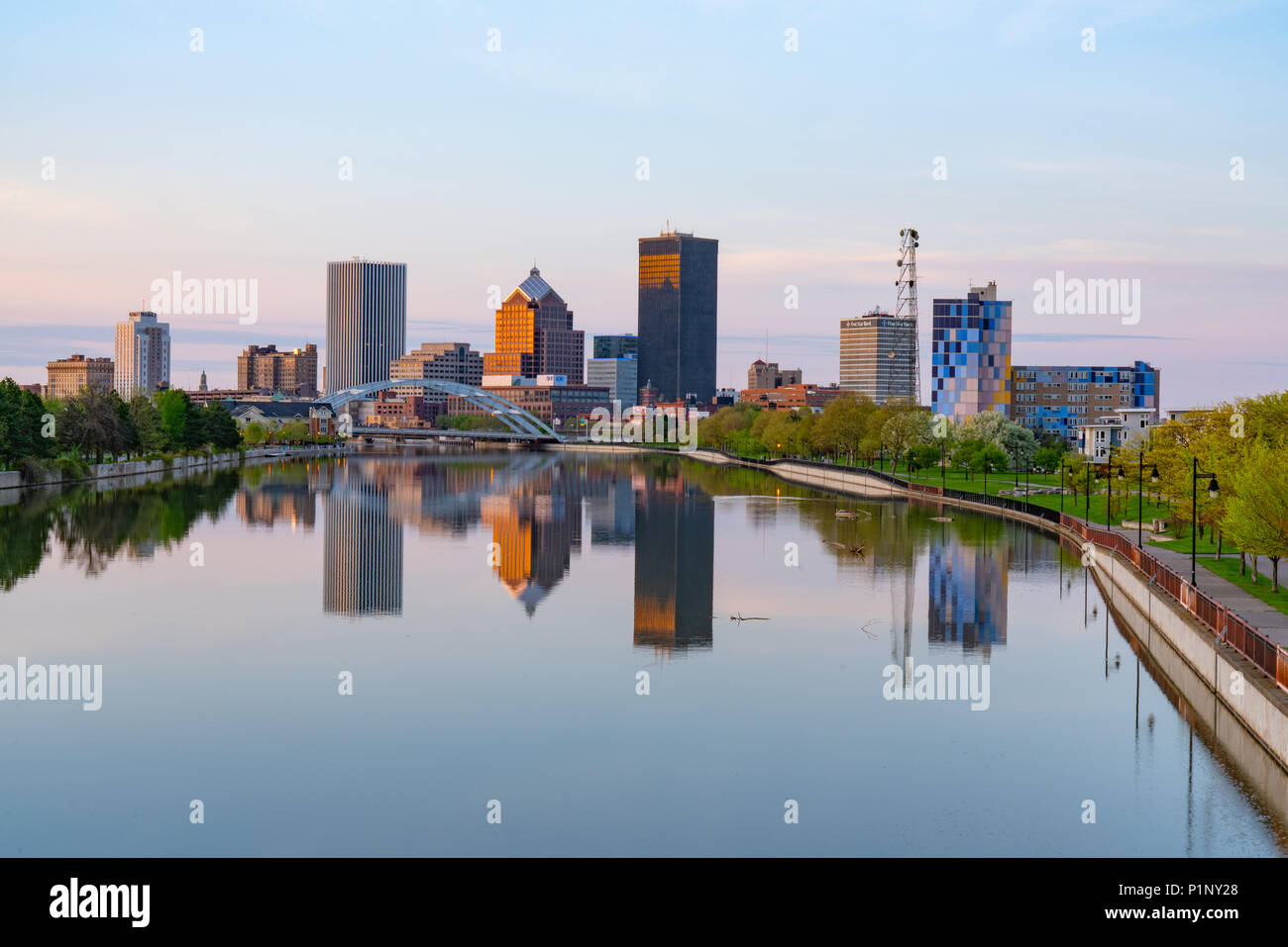 ROCHESTER, NY - MAY 14, 2018: Skyline of Rochester, New York along ...