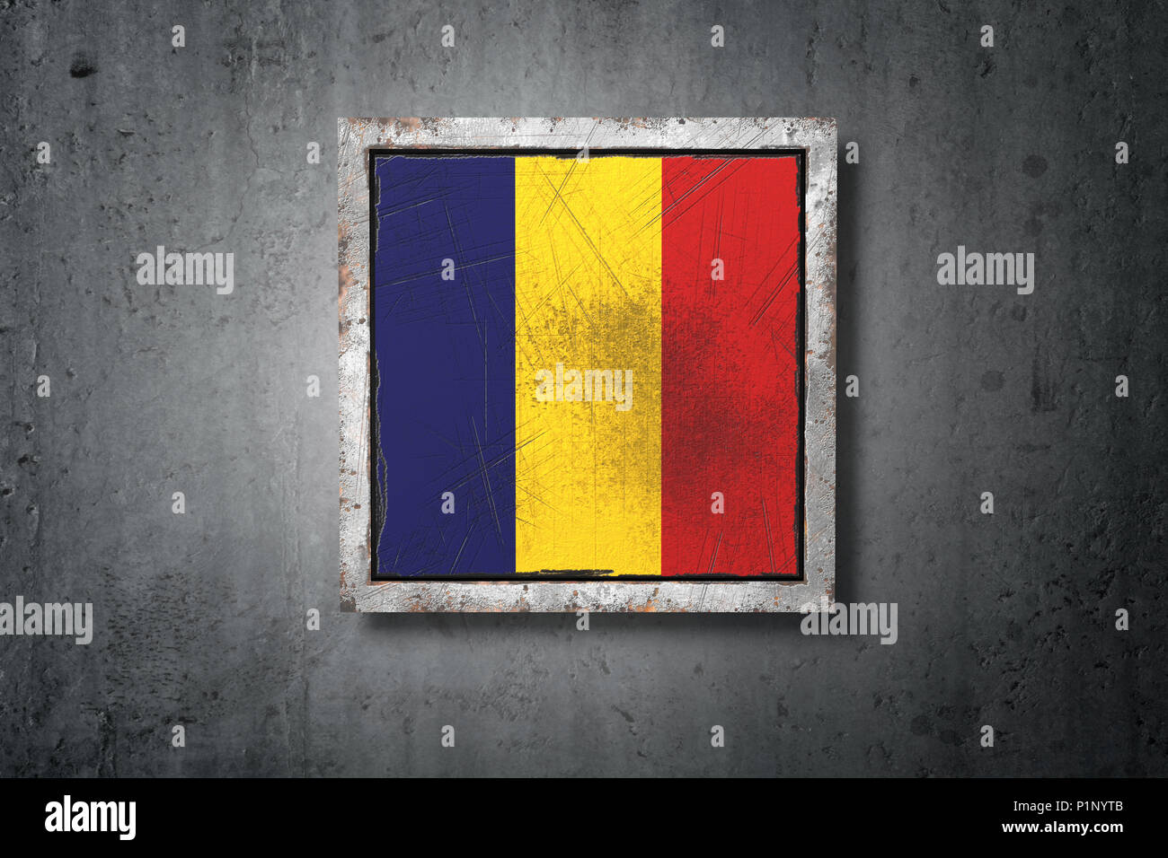 3d rendering of an old Republic of Chad flag in a concrete wall Stock ...