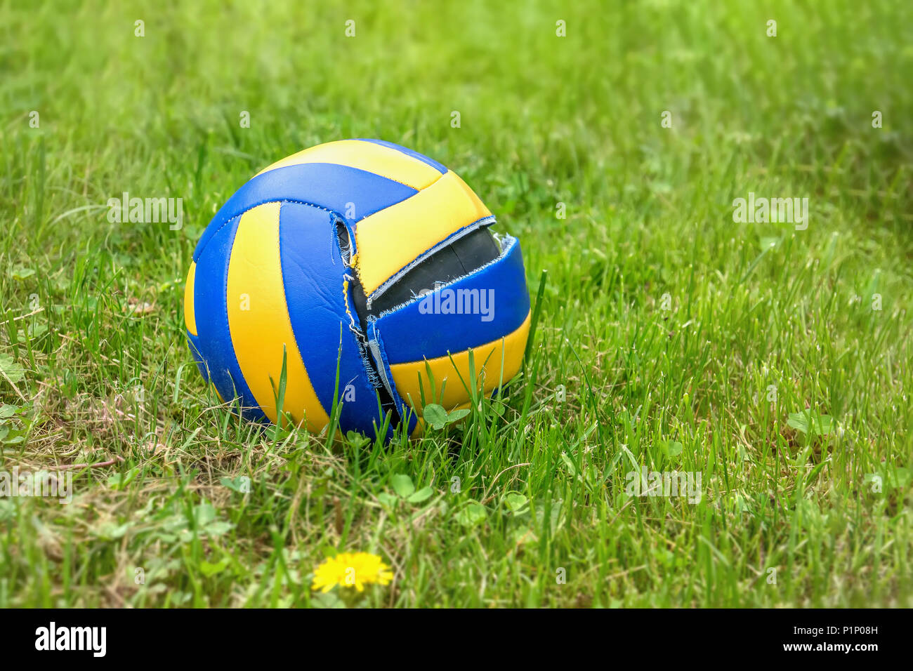 Dirty old ripped soccer ball on the grass after the game. Competitions ...