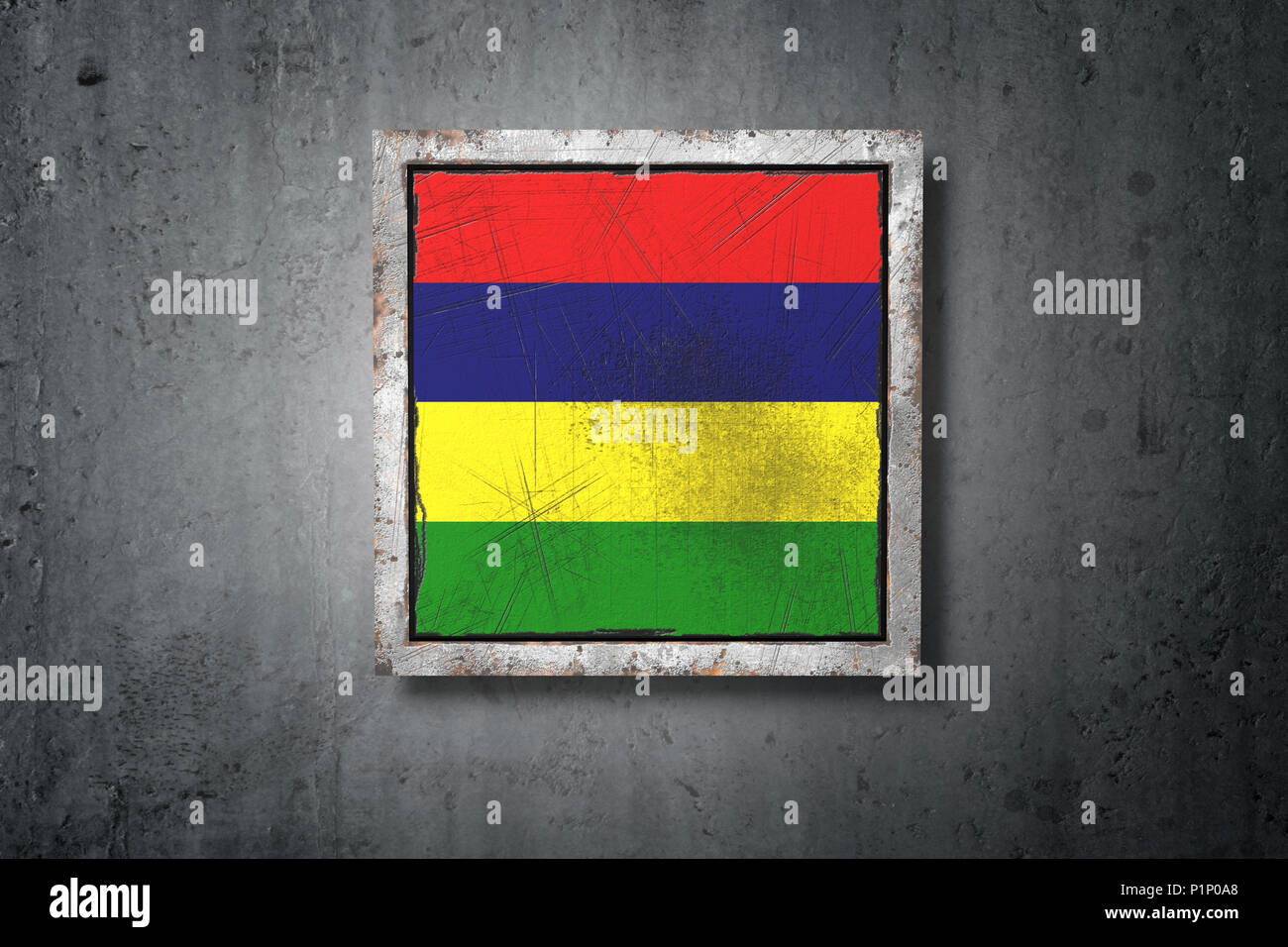 3d rendering of an old Republic of Mauritius flag in a concrete wall ...