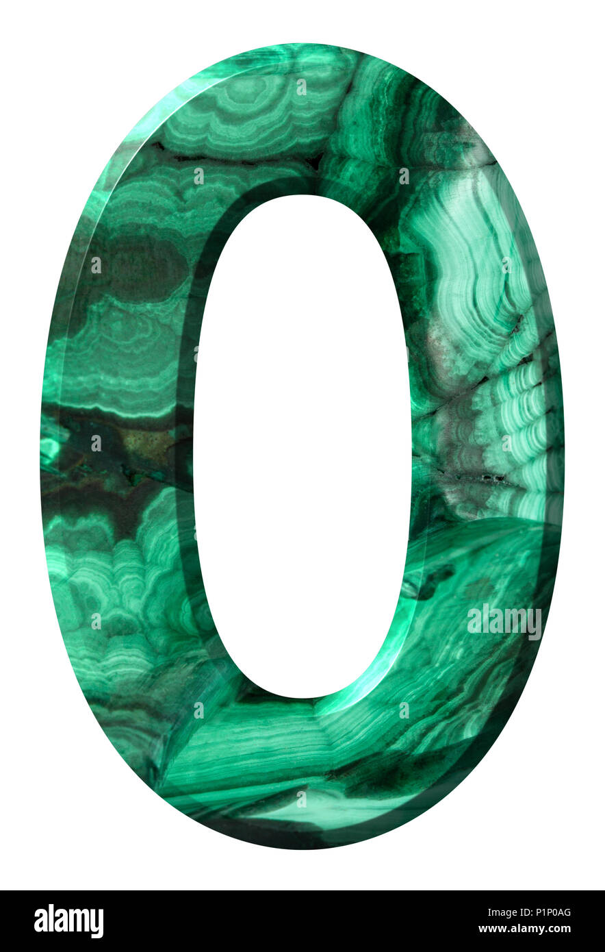 Arabic numeral 0, zero, from natural green malachite, isolated on white ...