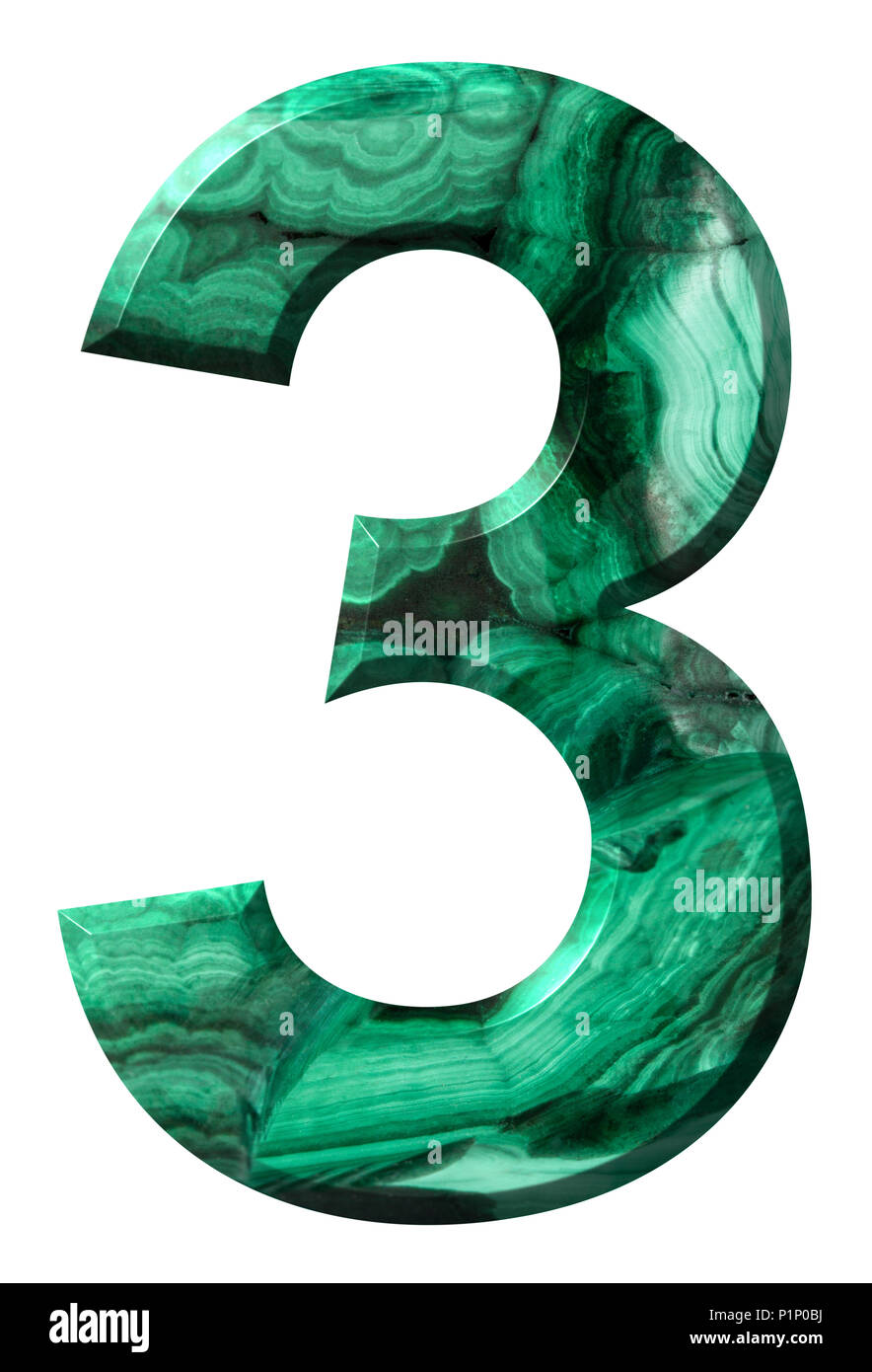 Arabic numeral 3, three, from natural green malachite, isolated on ...