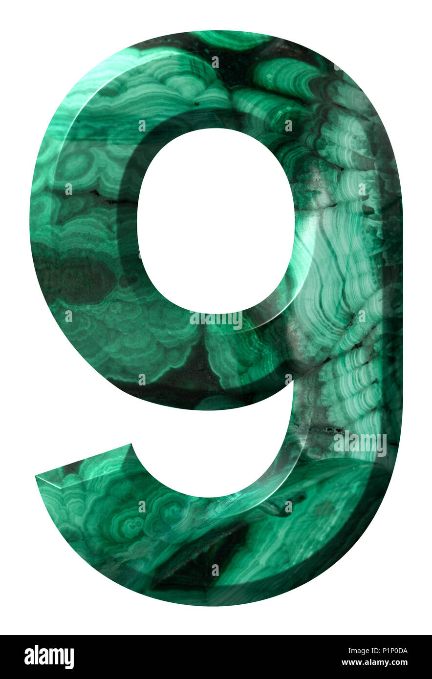 Arabic numeral 9, nine, from natural green malachite, isolated on white ...