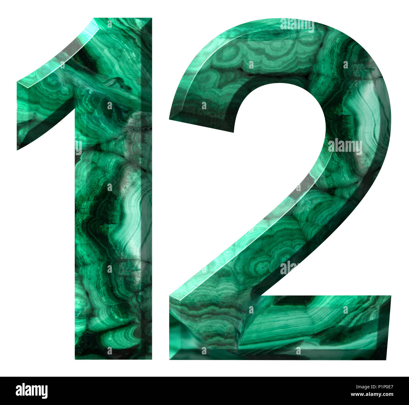 Arabic numeral 12, twelve, from natural green malachite, isolated on ...