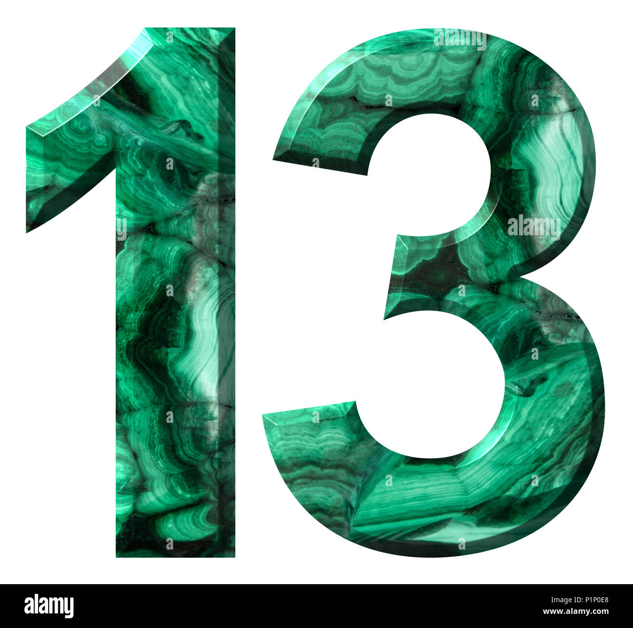 Arabic numeral 13, thirteen, from natural green malachite, isolated on ...