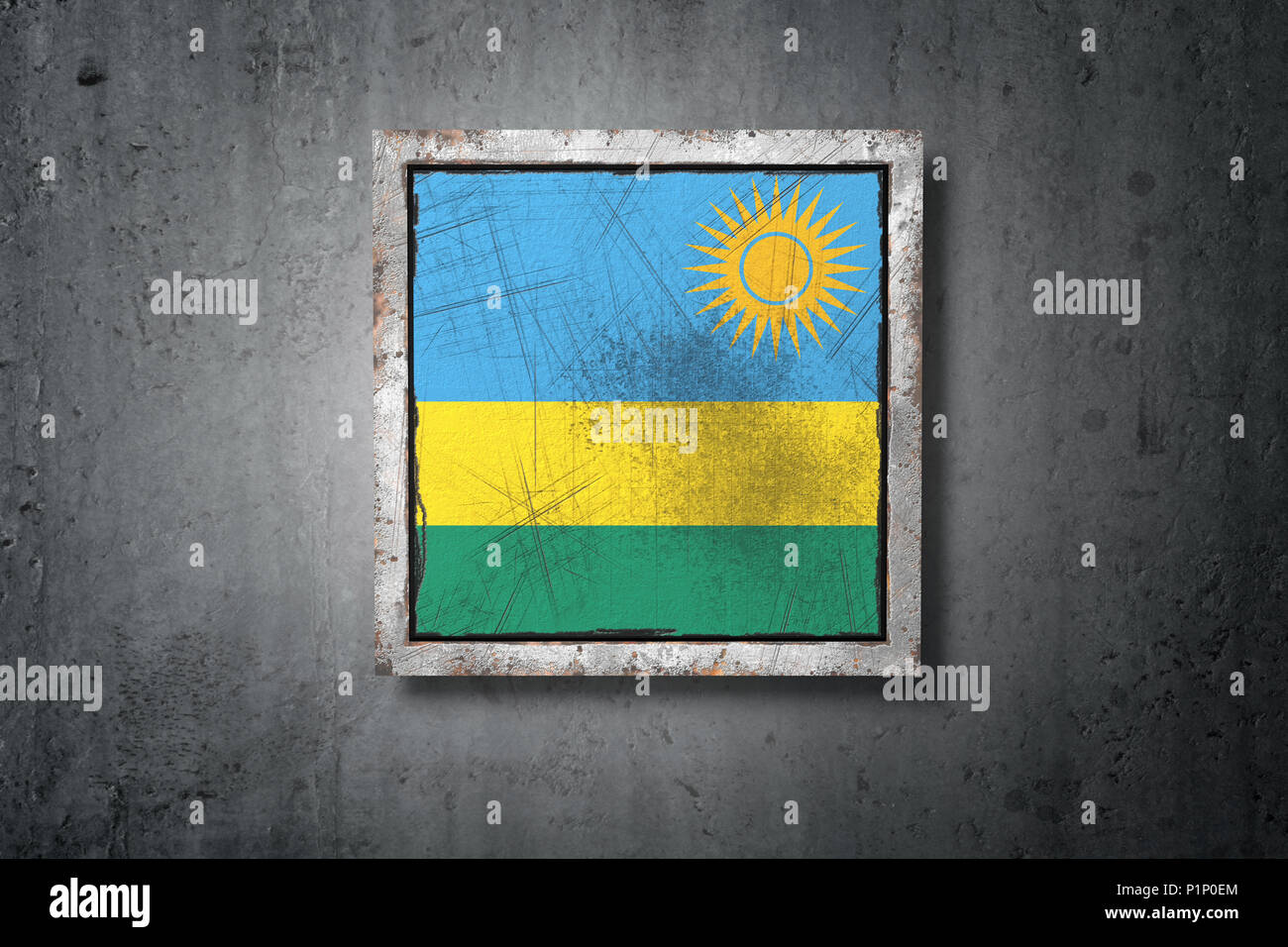 3d rendering of an old Republic of Rwanda flag in a concrete wall Stock ...