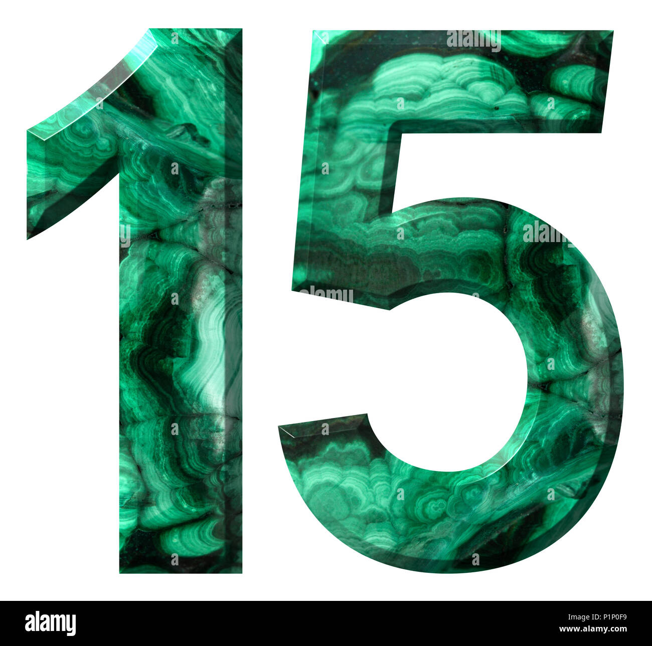 Arabic numeral 15, fifteen, from natural green malachite, isolated on ...