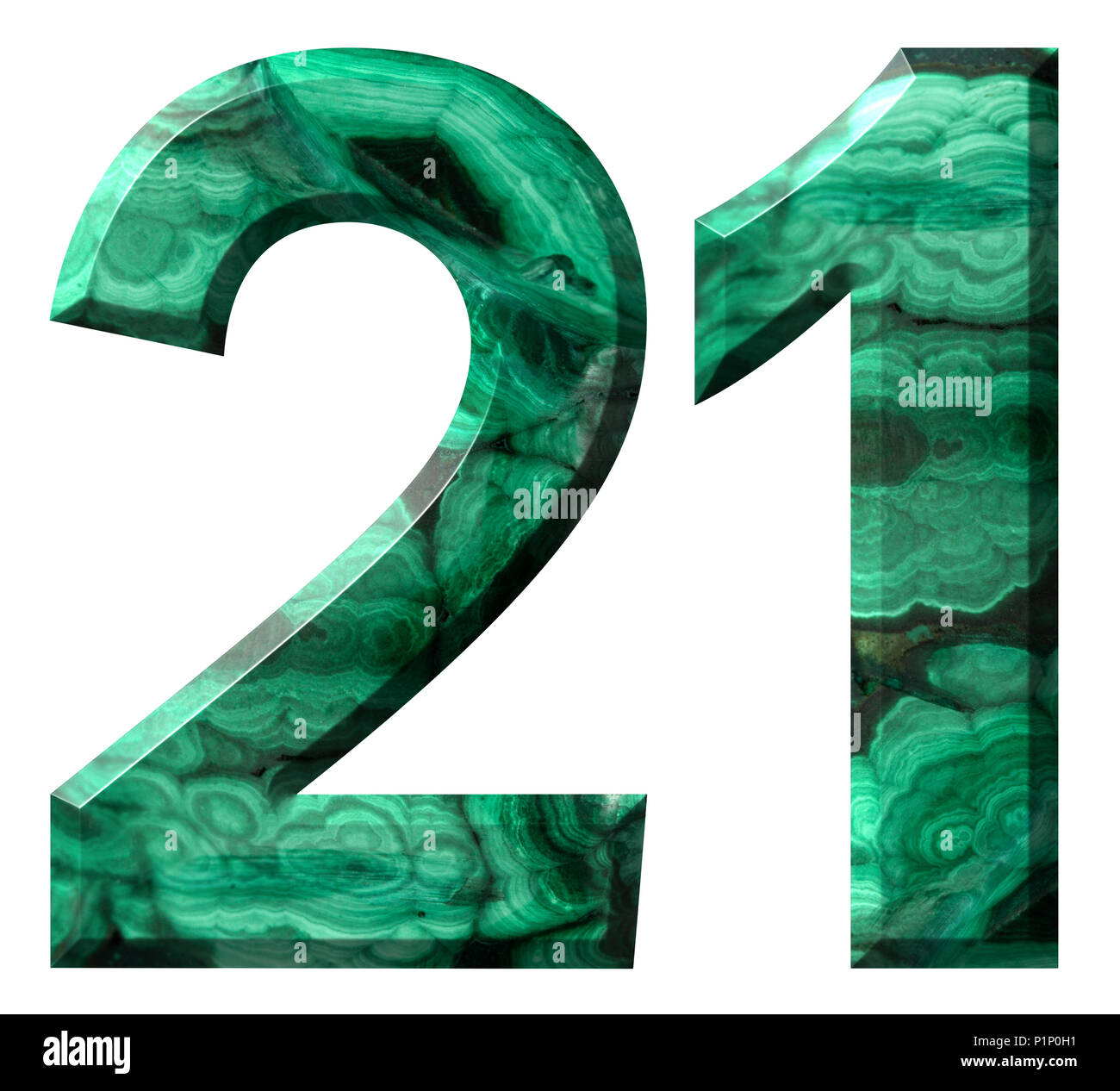 Arabic numeral 21, twenty one, from natural green malachite, isolated ...