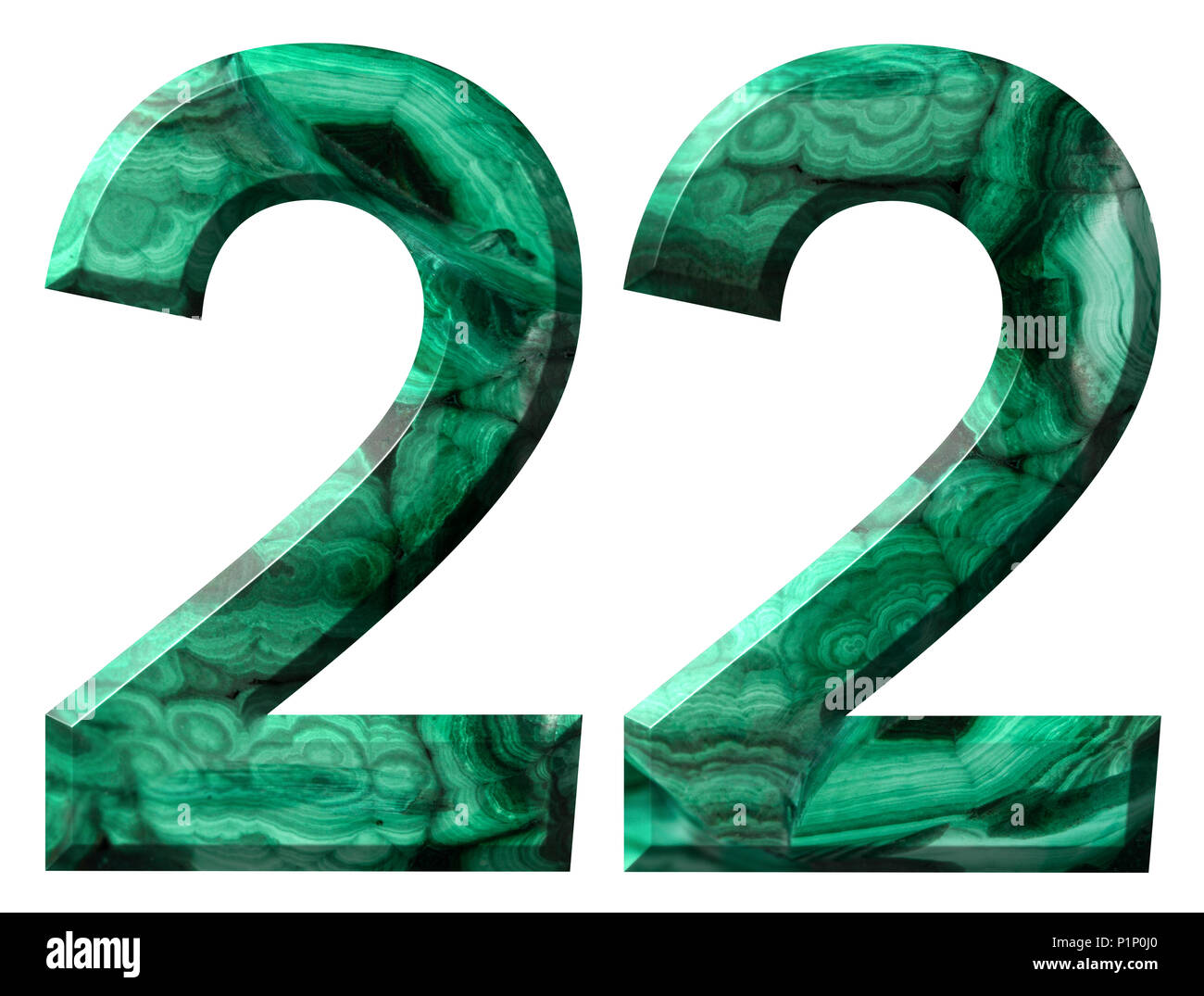 Arabic numeral 22, twenty two, from natural green malachite, isolated ...
