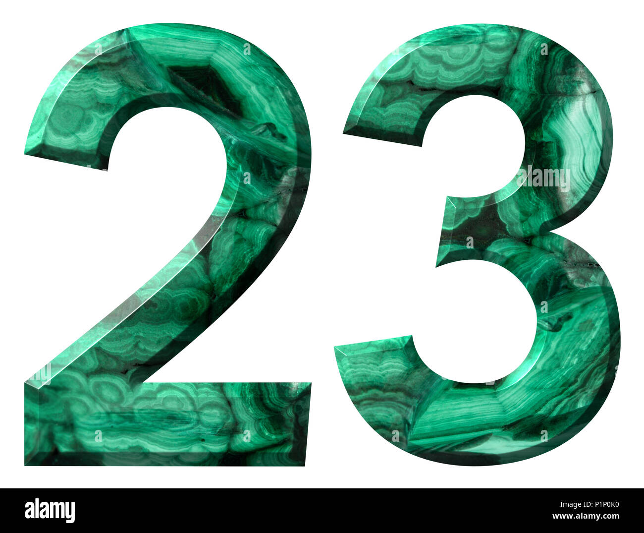 Arabic numeral 23, twenty three, from natural green malachite, isolated ...
