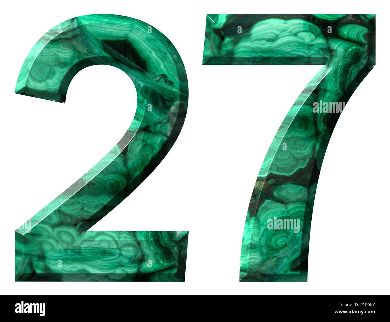 Arabic numeral 27, twenty seven, from natural green malachite, isolated ...