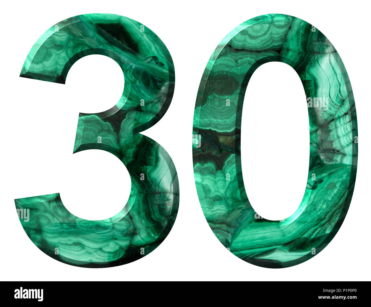 Arabic numeral 30, thirty, from natural green malachite, isolated on ...