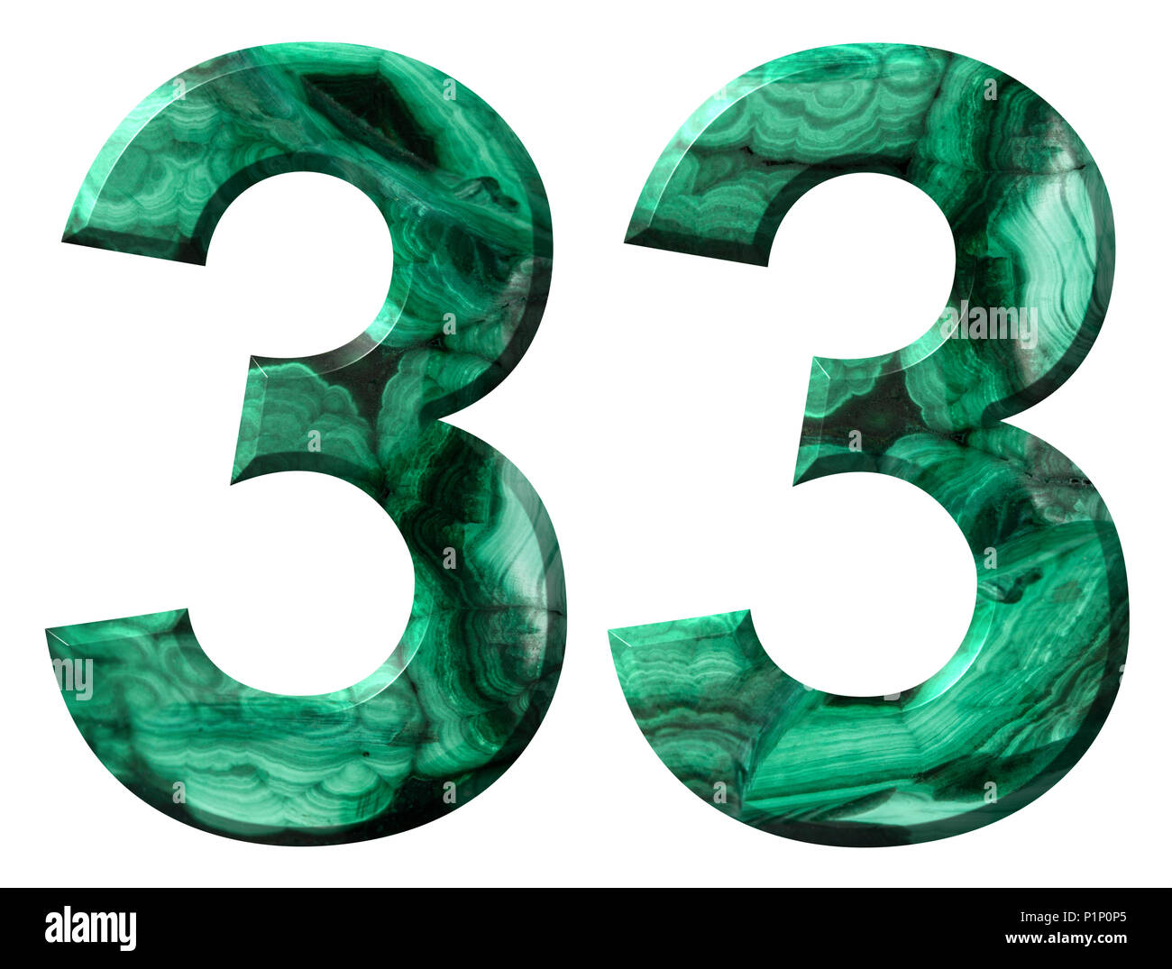 Arabic numeral 33, thirty three, from natural green malachite, isolated ...