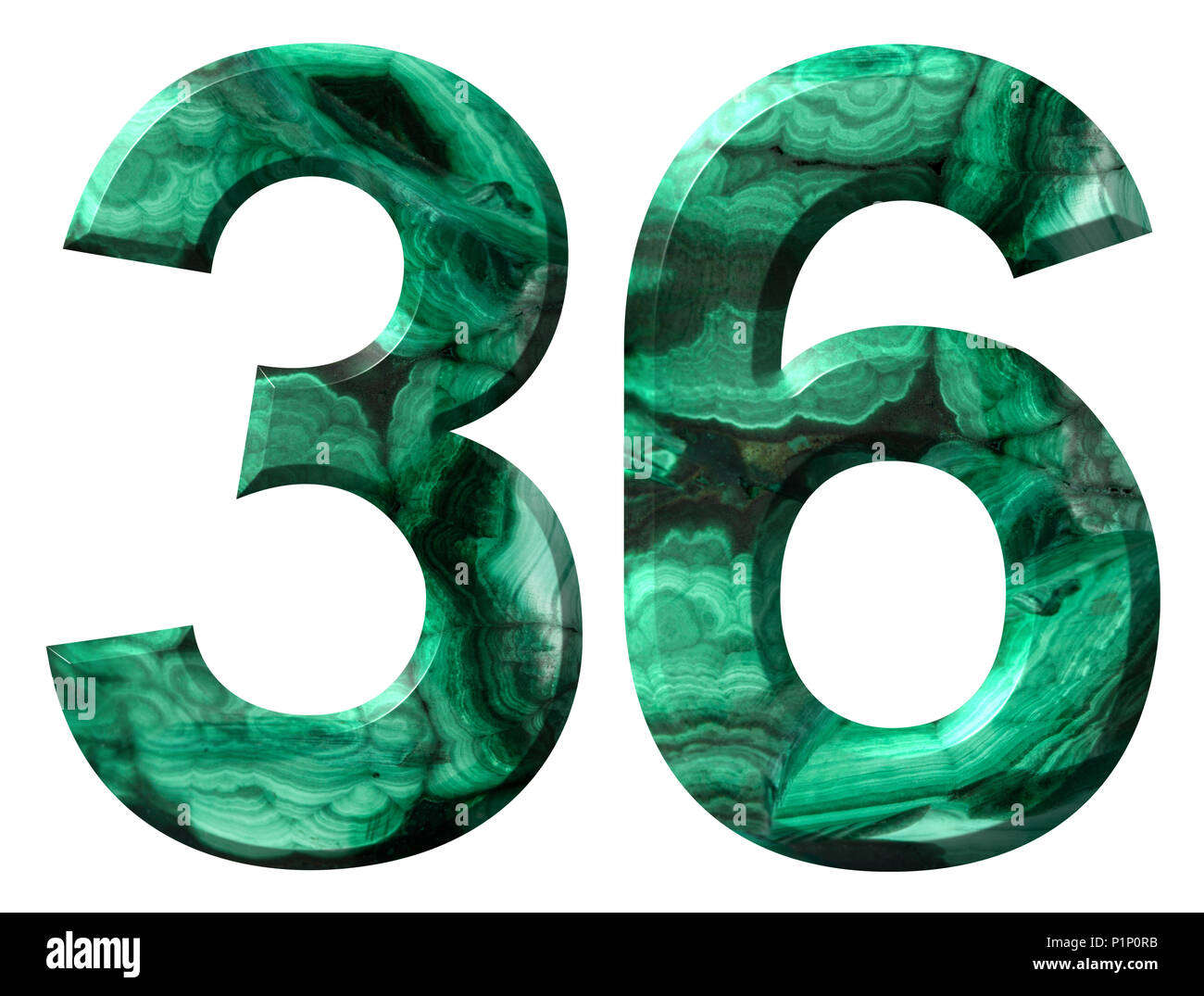 Arabic numeral 36, thirty six, from natural green malachite, isolated ...