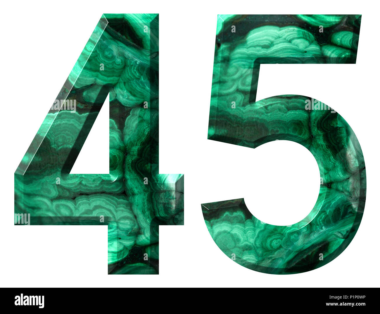 Arabic numeral 45, forty five, from natural green malachite, isolated ...