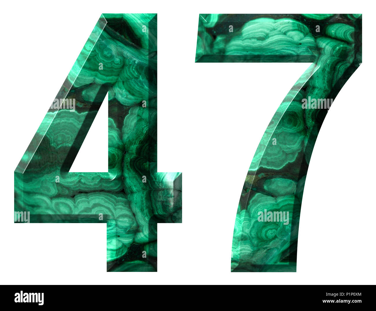 Arabic numeral 47, forty seven, from natural green malachite, isolated ...