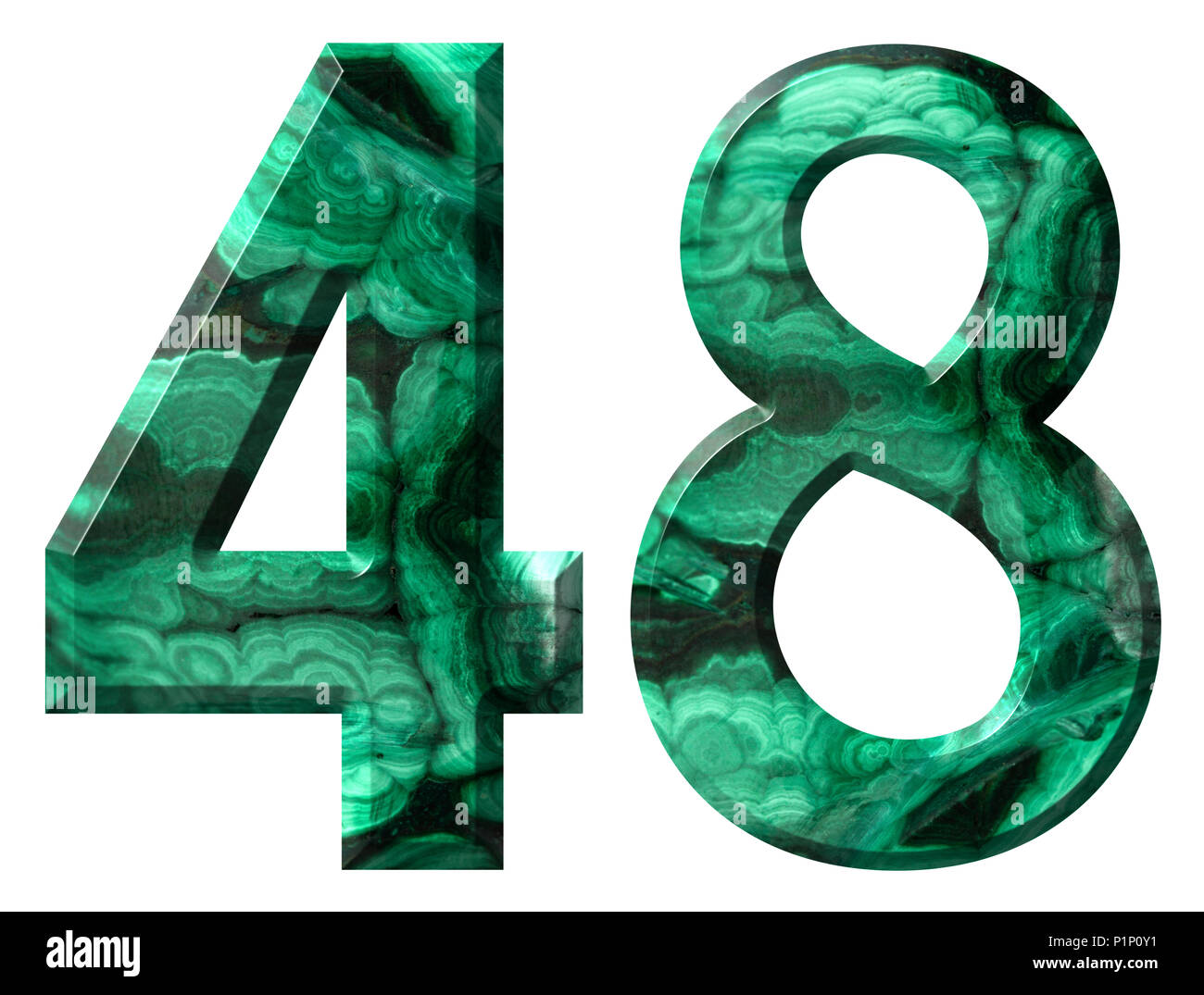 Arabic numeral 48, forty eight, from natural green malachite, isolated ...