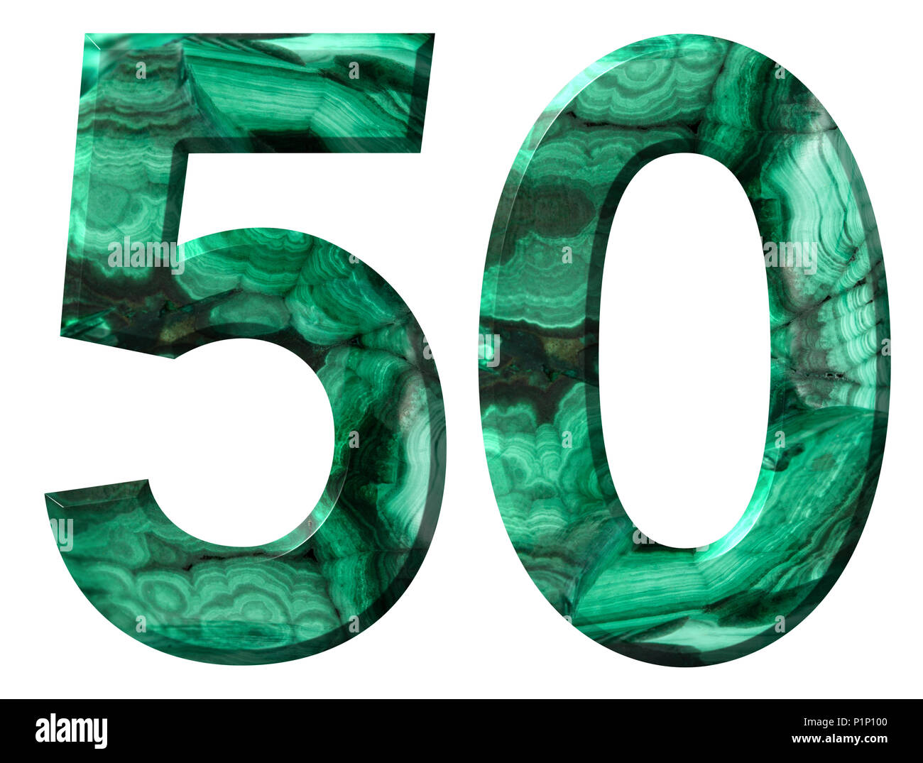Arabic numeral 50, fifty, from natural green malachite, isolated on ...