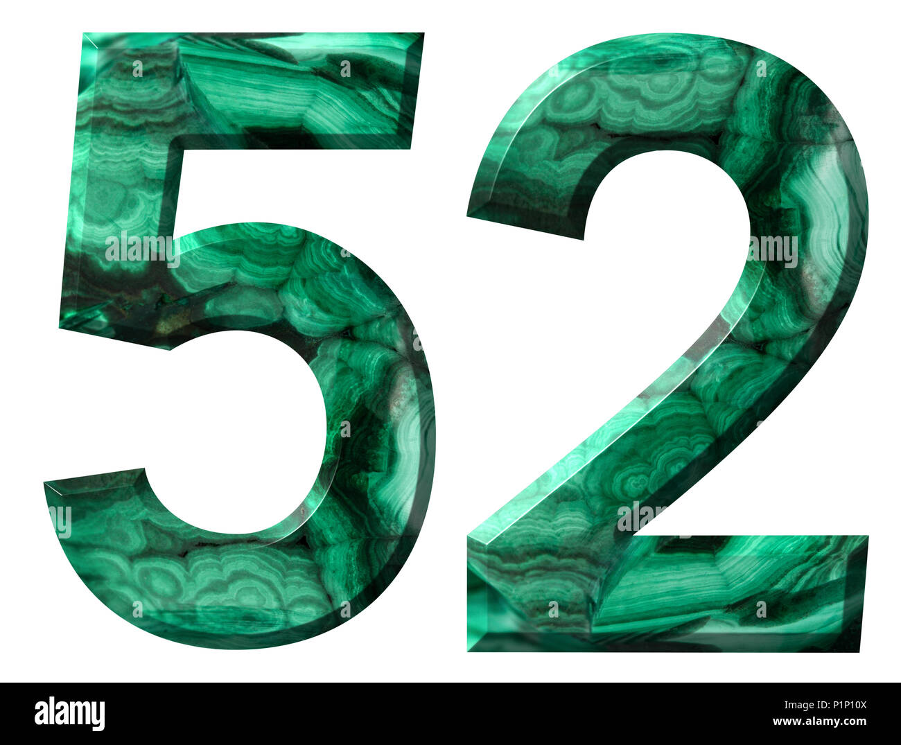 Arabic numeral 52, fifty two, from natural green malachite, isolated on ...