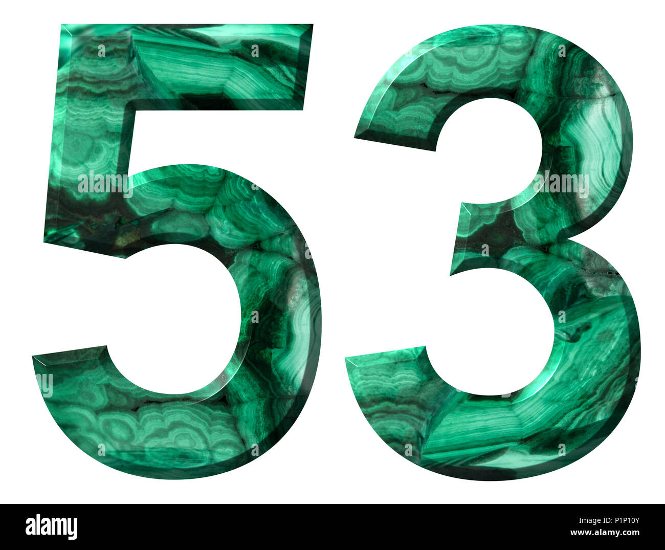 Arabic numeral 53, fifty three, from natural green malachite, isolated ...