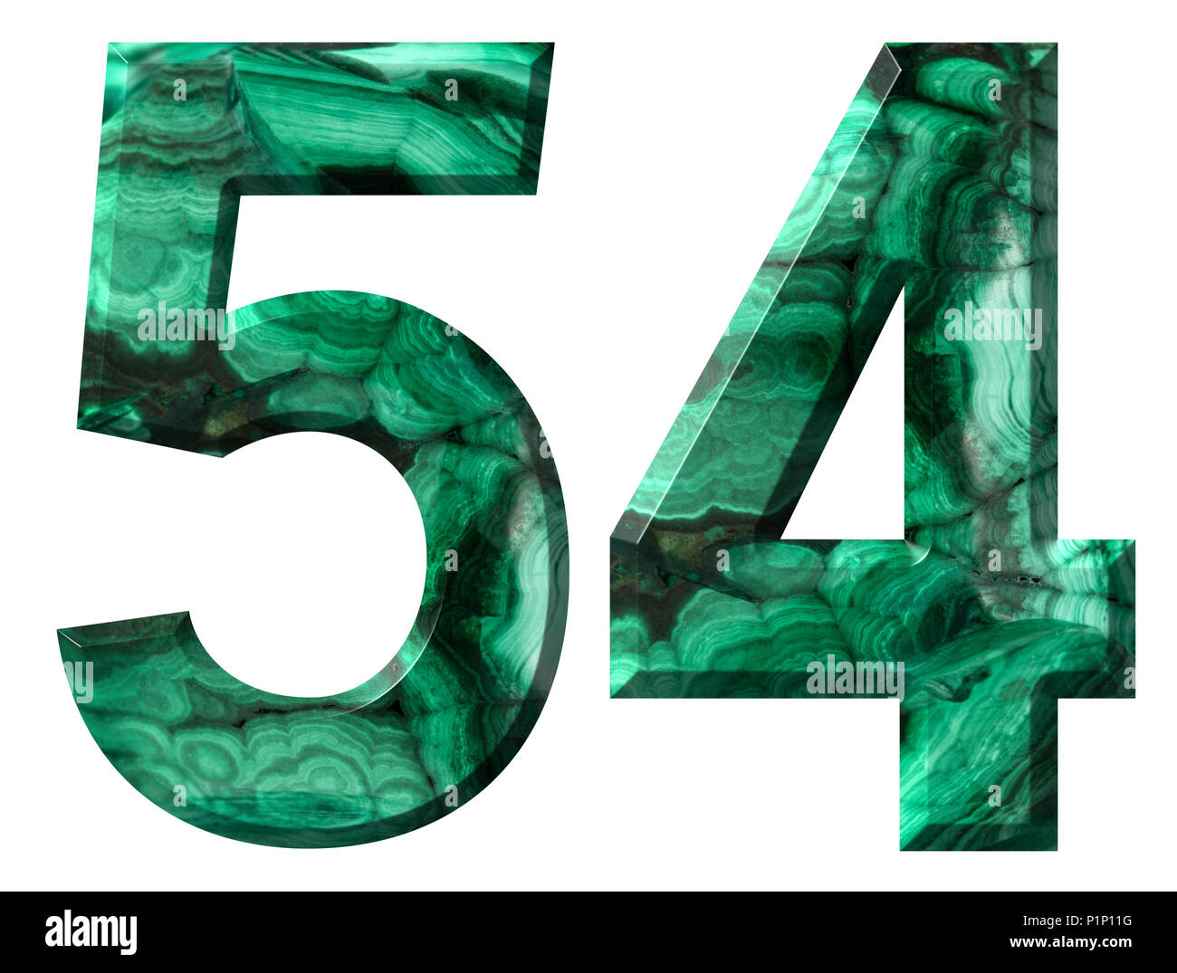 Arabic numeral 54, fifty four, from natural green malachite, isolated ...