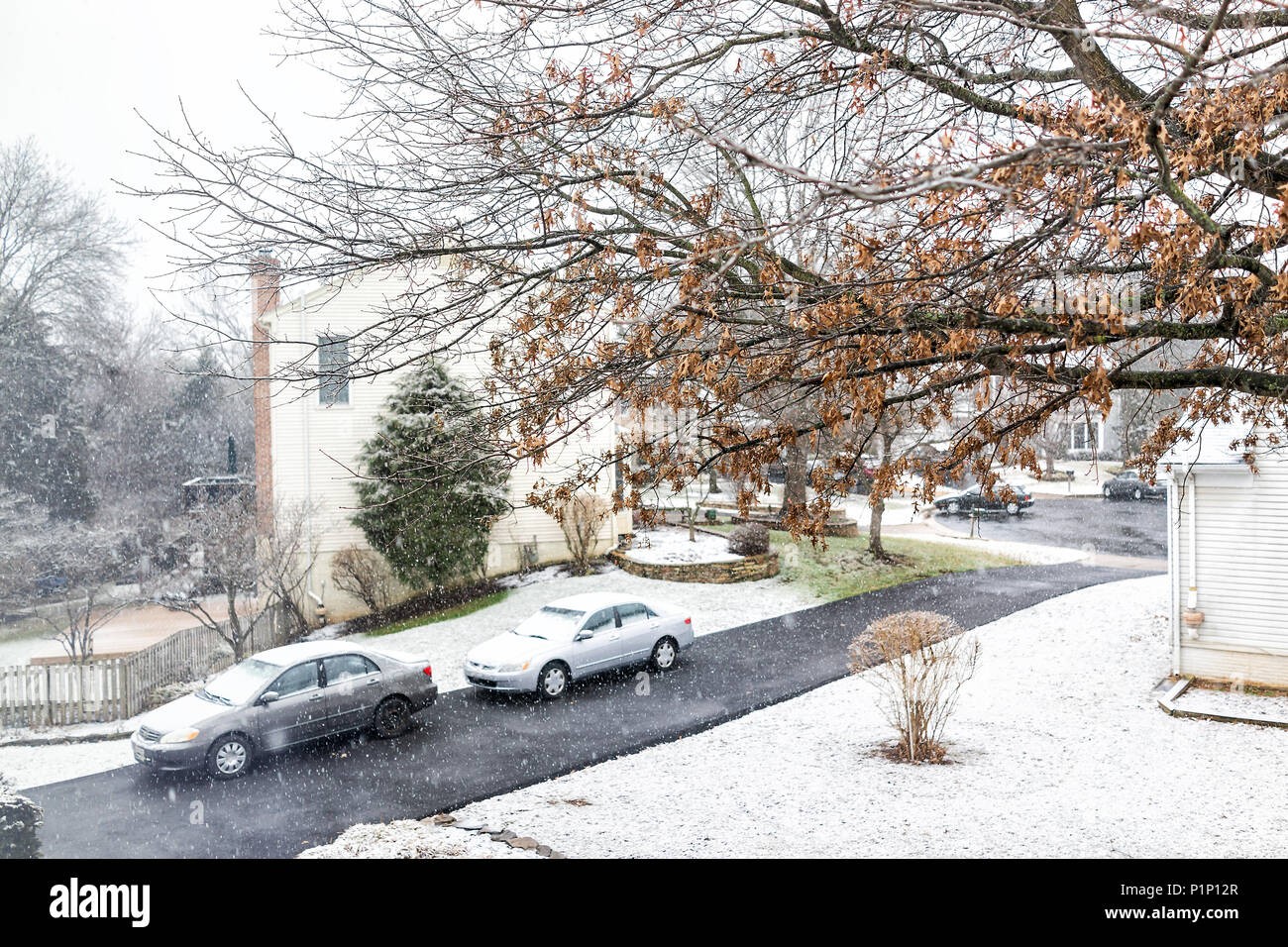 Backyards in neighborhood with snow covered ground, driveway, cars ...