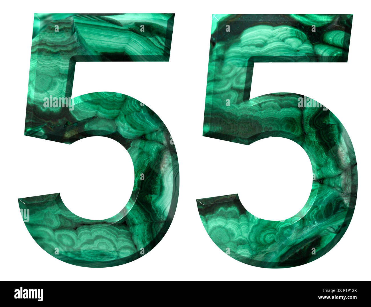 Arabic numeral 55, fifty five, from natural green malachite, isolated ...