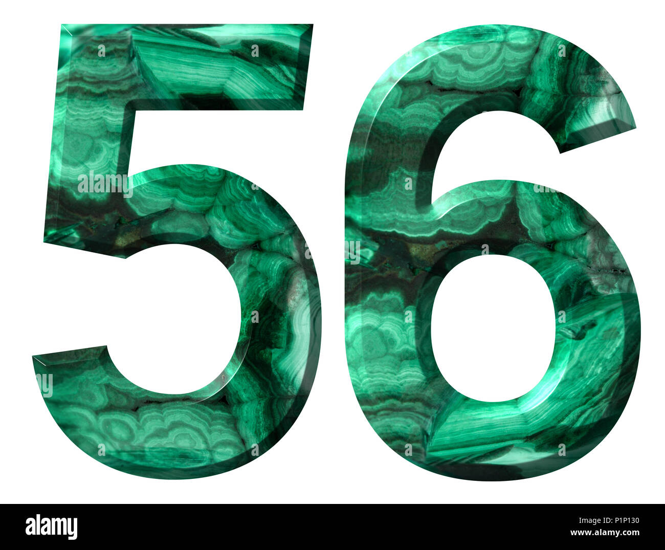 Arabic numeral 56, fifty six, from natural green malachite, isolated on ...