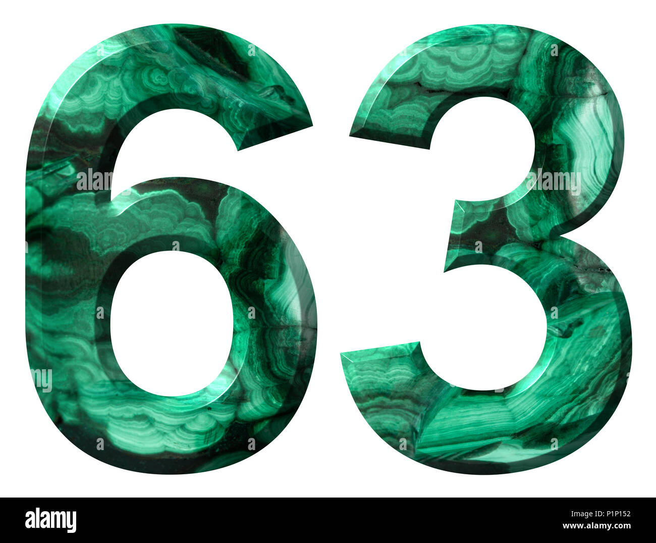 Arabic numeral 63, sixty three, from natural green malachite, isolated ...