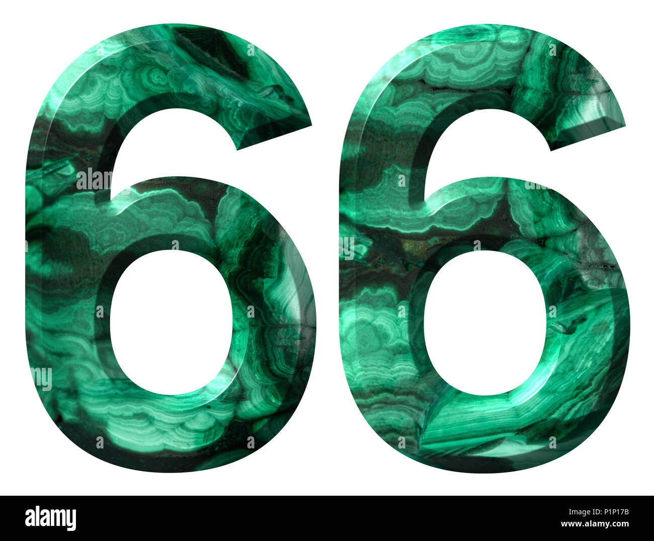 Arabic numeral 66, sixty six, from natural green malachite, isolated on ...