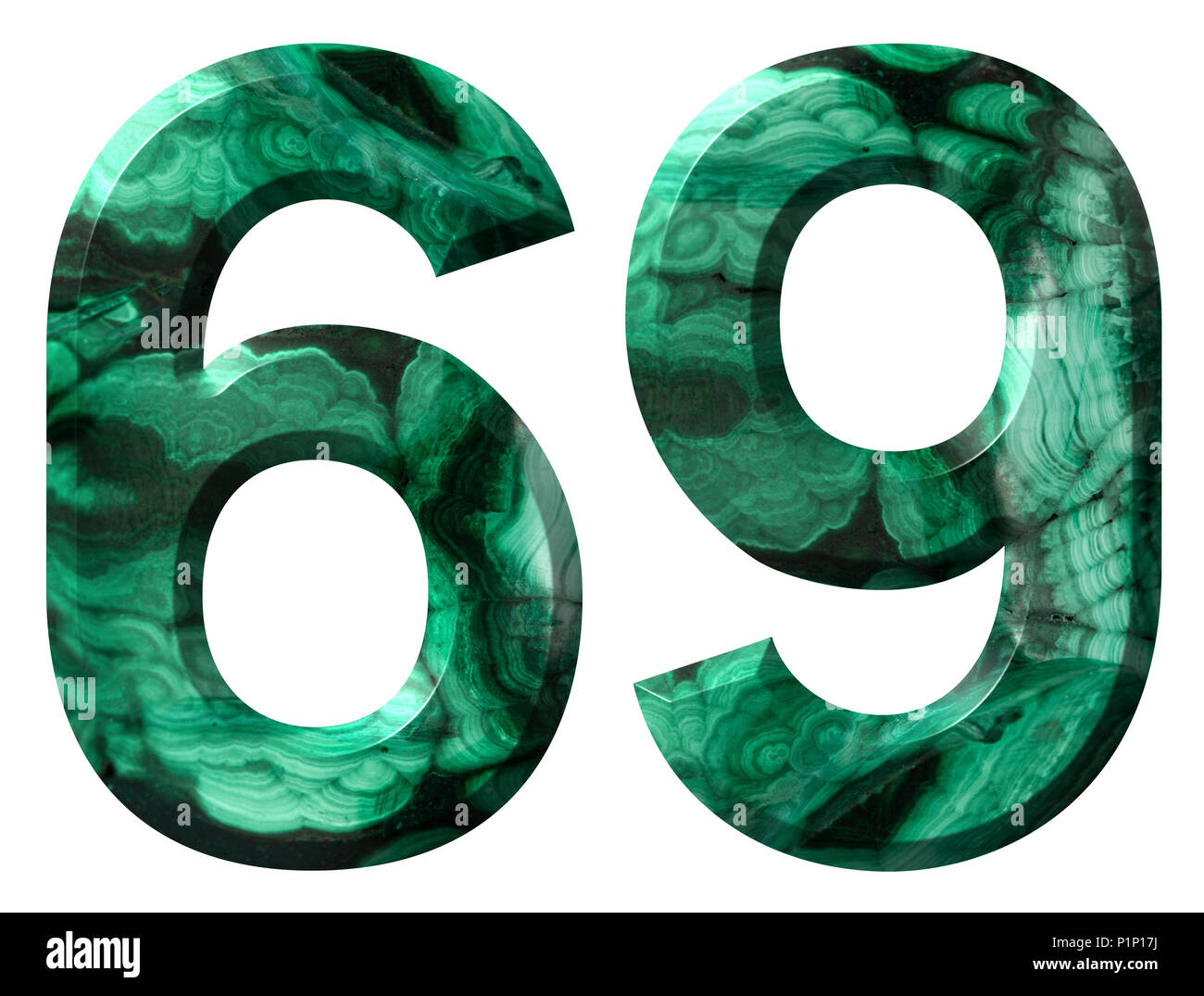Arabic numeral 69, sixty nine, from natural green malachite, isolated ...