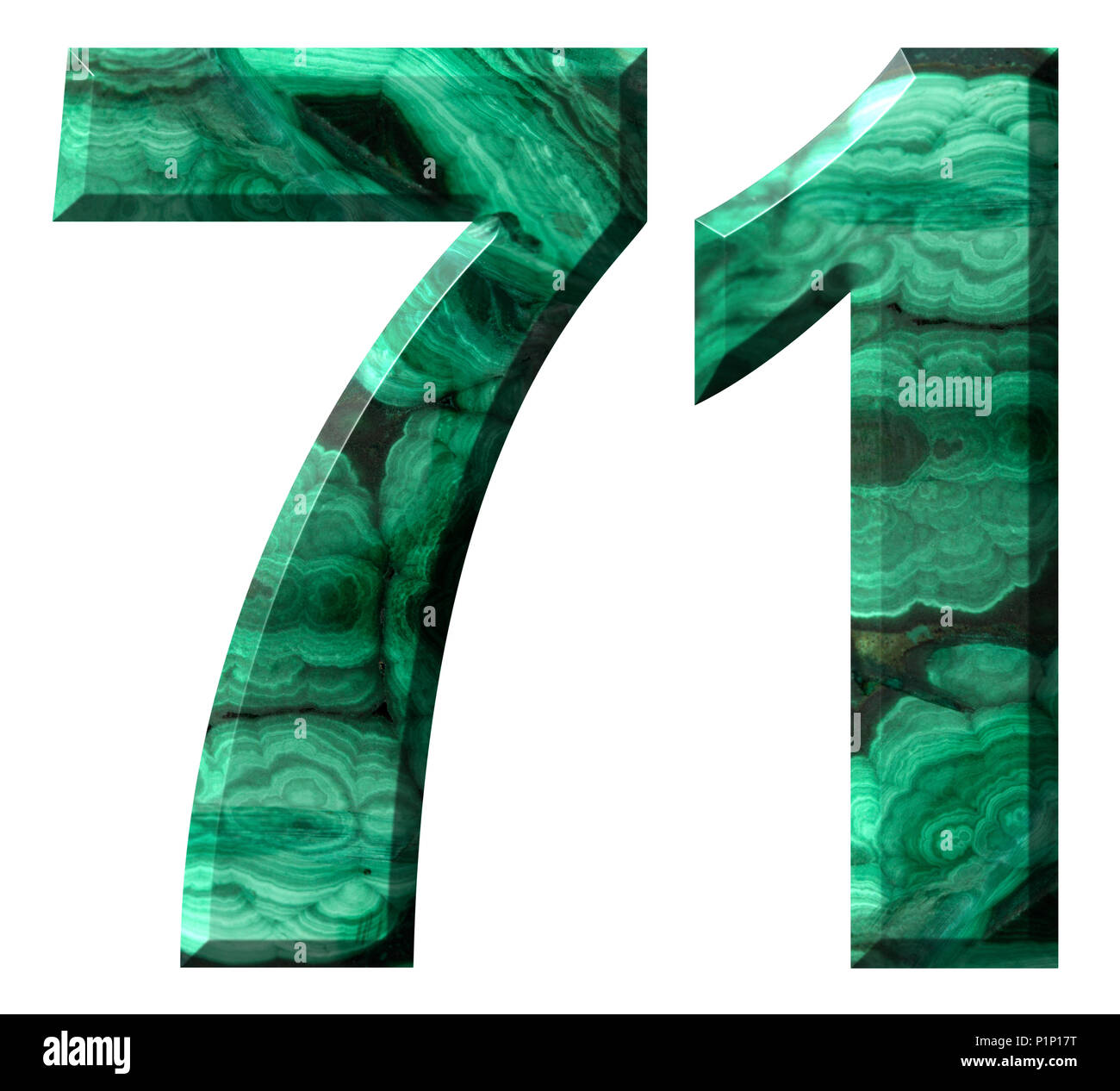 Arabic numeral 71, seventy one, from natural green malachite, isolated ...