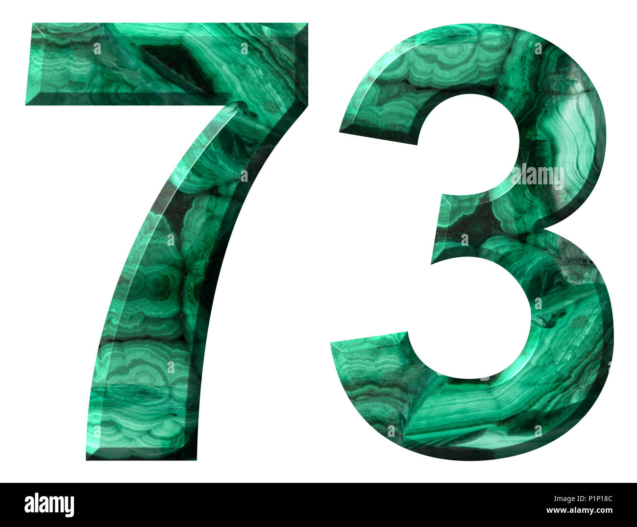 Arabic numeral 73, seventy three, from natural green malachite ...