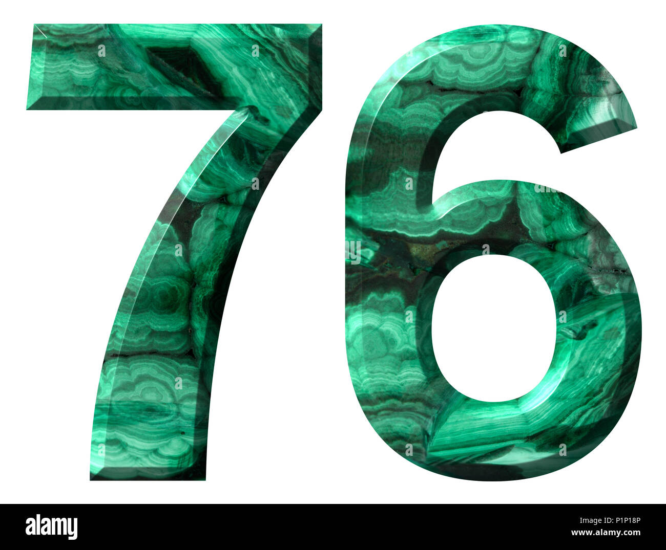Arabic numeral 76, seventy six, from natural green malachite, isolated ...