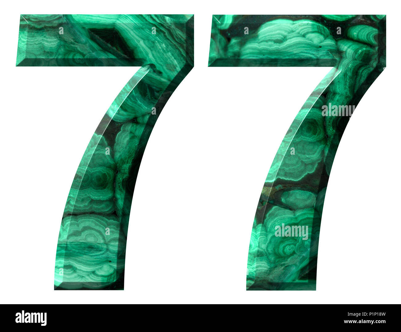 Arabic numeral 77, seventy seven, from natural green malachite ...