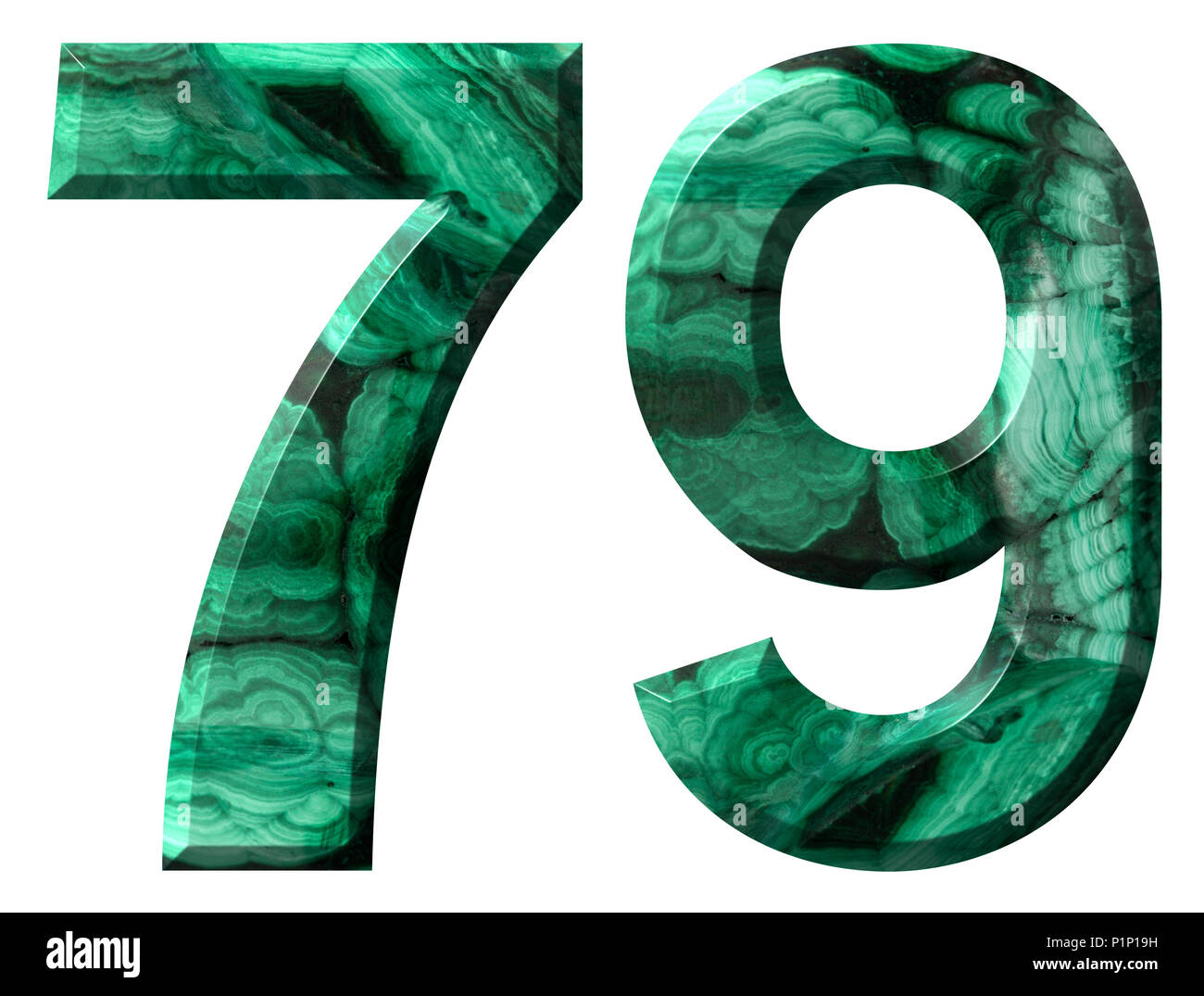 Arabic numeral 79, seventy nine, from natural green malachite, isolated ...