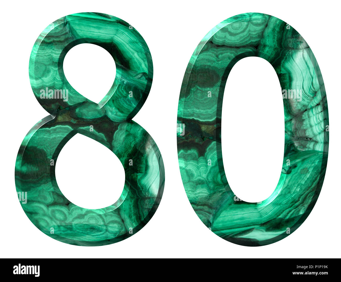 Arabic numeral 80, eighty, from natural green malachite, isolated on ...