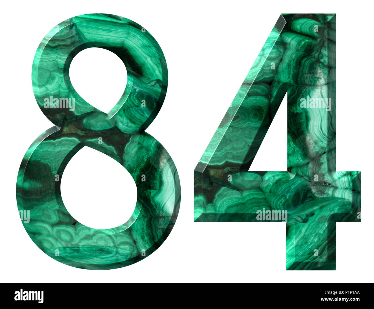 Arabic numeral 84, eighty four, from natural green malachite, isolated ...