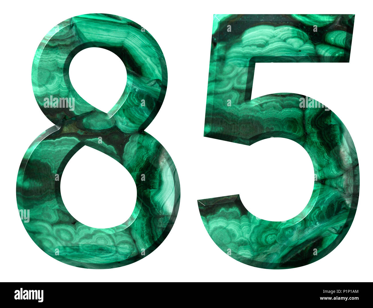 Arabic numeral 85, eighty five, from natural green malachite, isolated ...